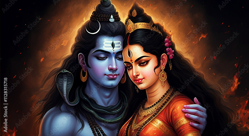 A depiction of Lord Shiva with his consort Parvati, both radiating divine love a, Deepa Αφίσα ...