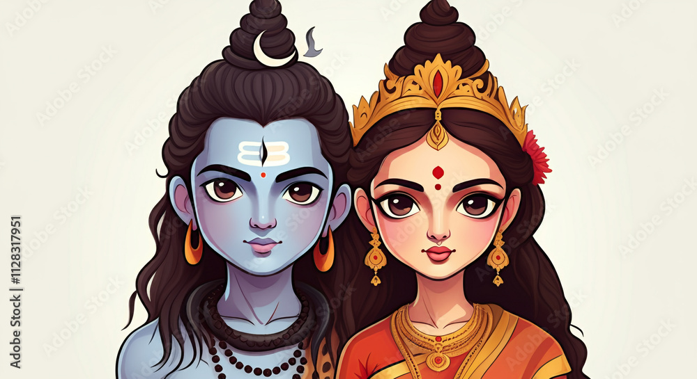 Beautiful artwork of Lord Shiva and Goddess Parvati depicted side by ...