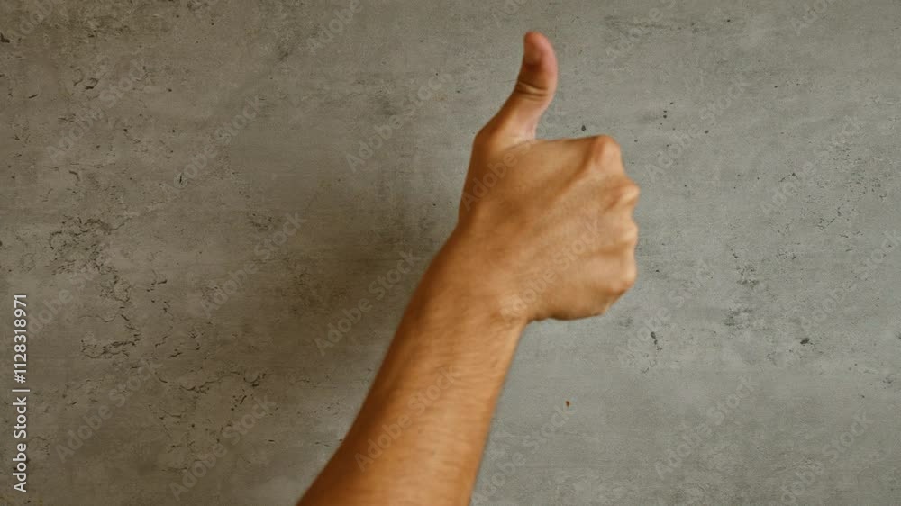 Hand giving thumbs up gesture against concrete wall showcasing positive ...