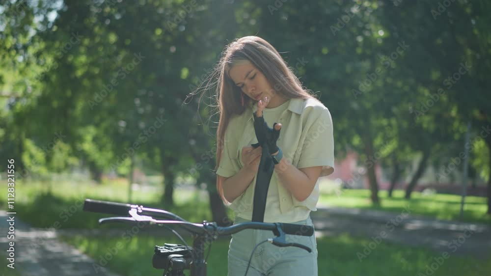 Young woman stands beside her bicycle, intently putting on her biker ...