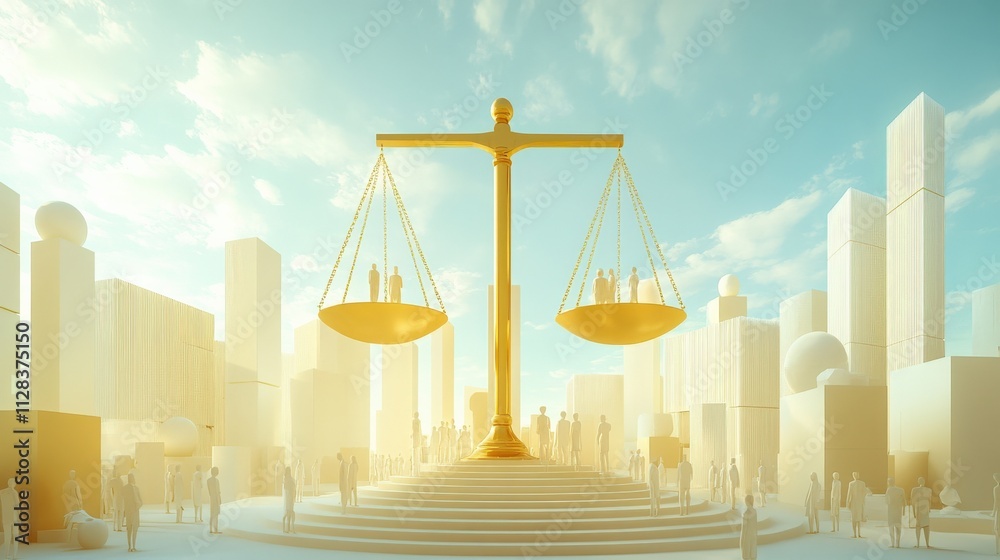 Conceptual scene of a golden scale perfectly balanced, featuring small ...