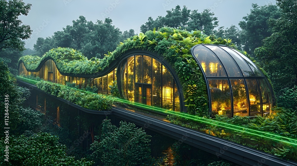 Flowing green energy lines symbolically connecting a lush forest to a ...