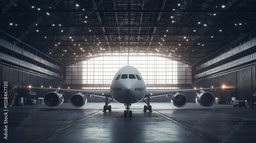 Majestic Airbus A380 aircraft in maintenance hangar, dramatic lighting ...