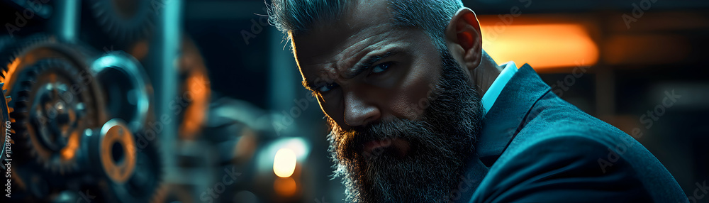 Intense Man with Gray Beard, Industrial Background; A serious man in a ...