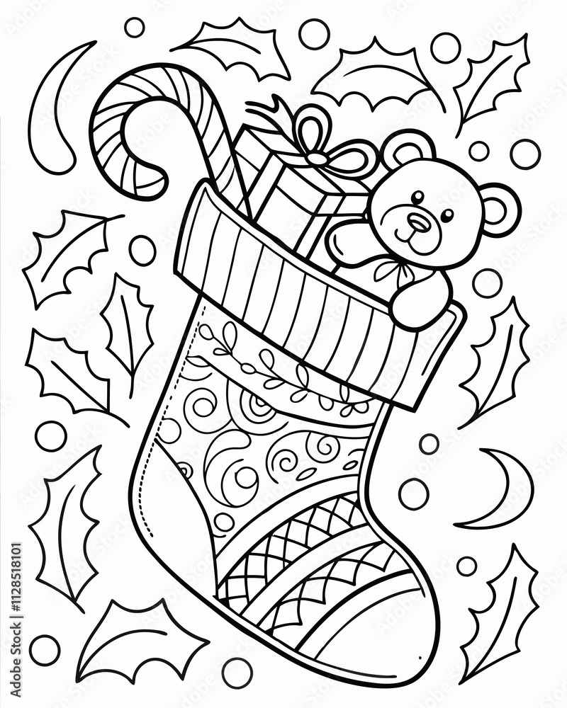 Winter mood coloring page. Coloring book with Christmas sock and gifts ...