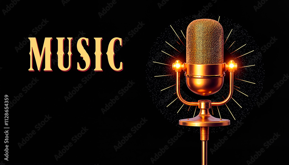 Vintage microphone with glowing lights and text music for music theme ...