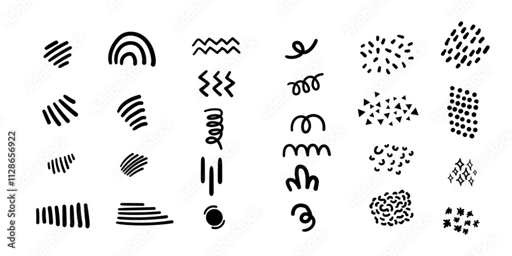 Pen Mark and texture design set,Hand Drawn squiggle curvy line for ...