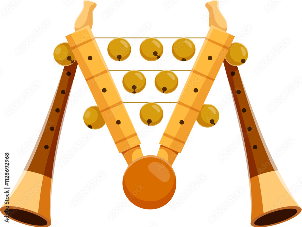 Flute and bell tambourine musical instrument font M letter. Acoustic ...