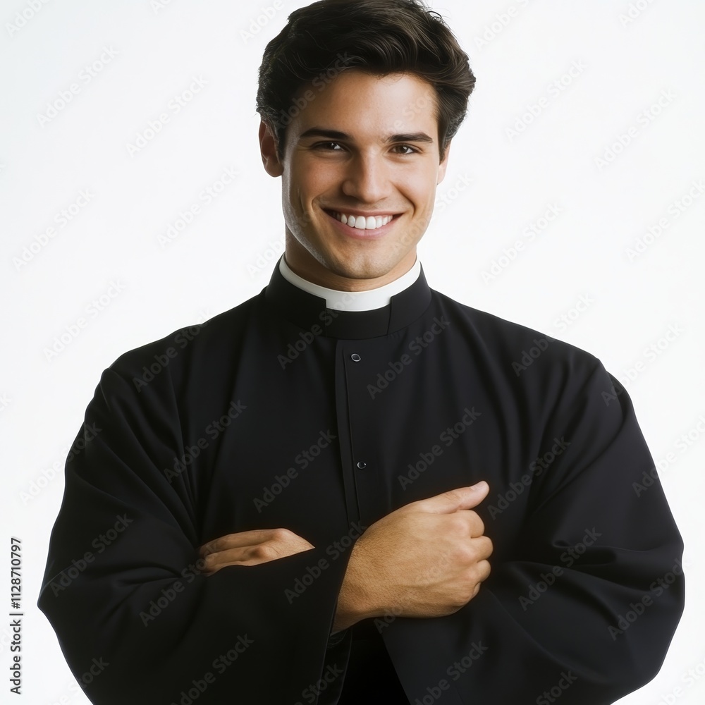 Smiling priest isolated on white background, representing religious ...