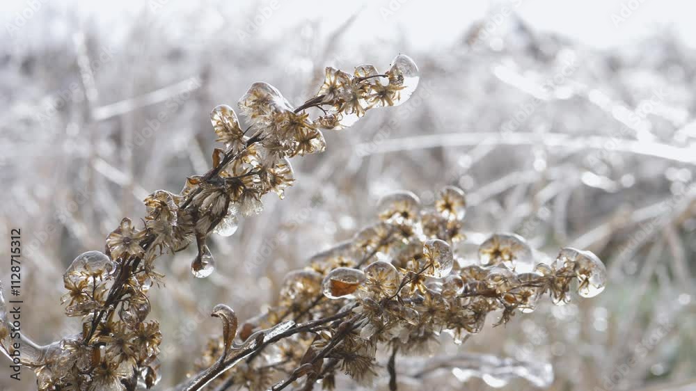 Tree covered in thick, glittering ice after an ice storm, with sun ...