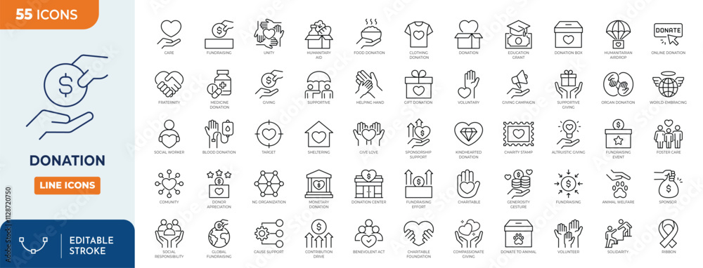 Donation line editable icon set. containing symbol of volunteer, donating, compassion, funding ...