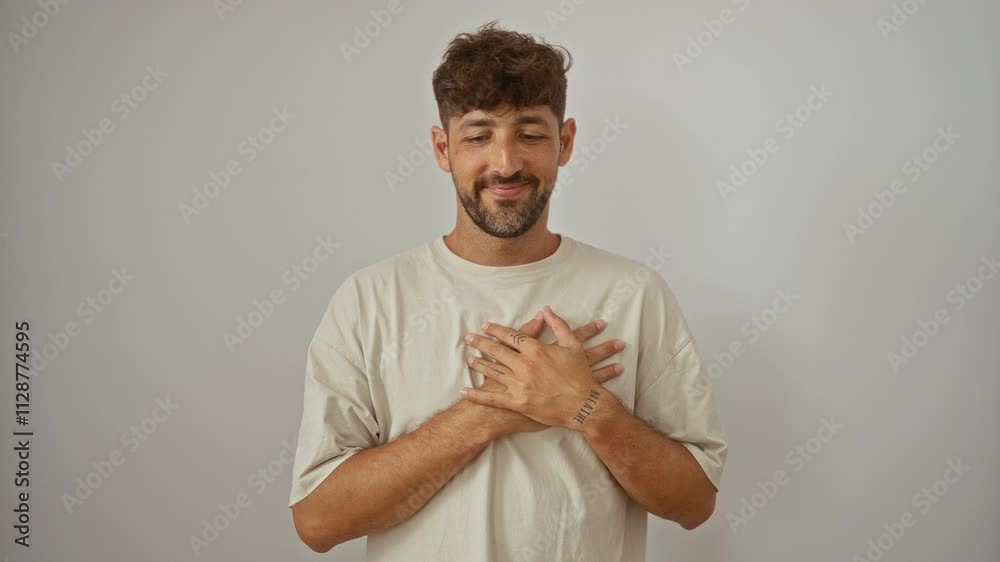Young man on isolated white background with hands on chest, expressing ...
