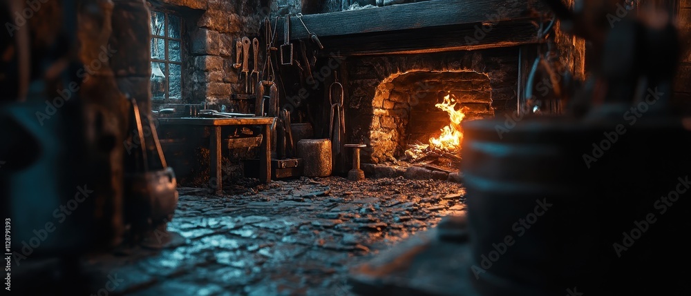 Interior of a rustic blacksmith shop featuring a roaring fire, tools ...