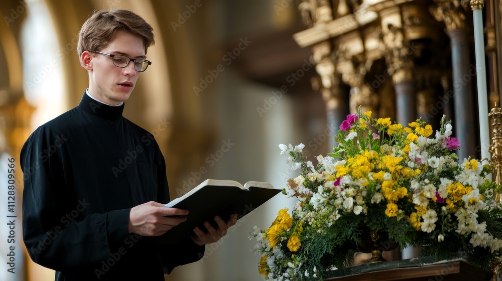 Young priest in black shirt with clerical collar passionately reading ...