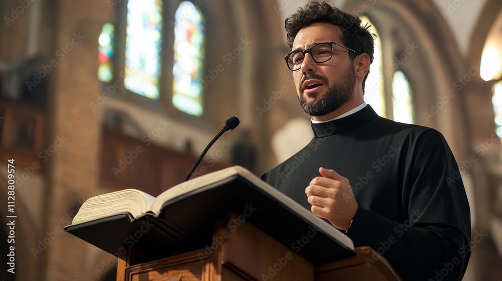 Young priest in black shirt with clerical collar passionately reading ...