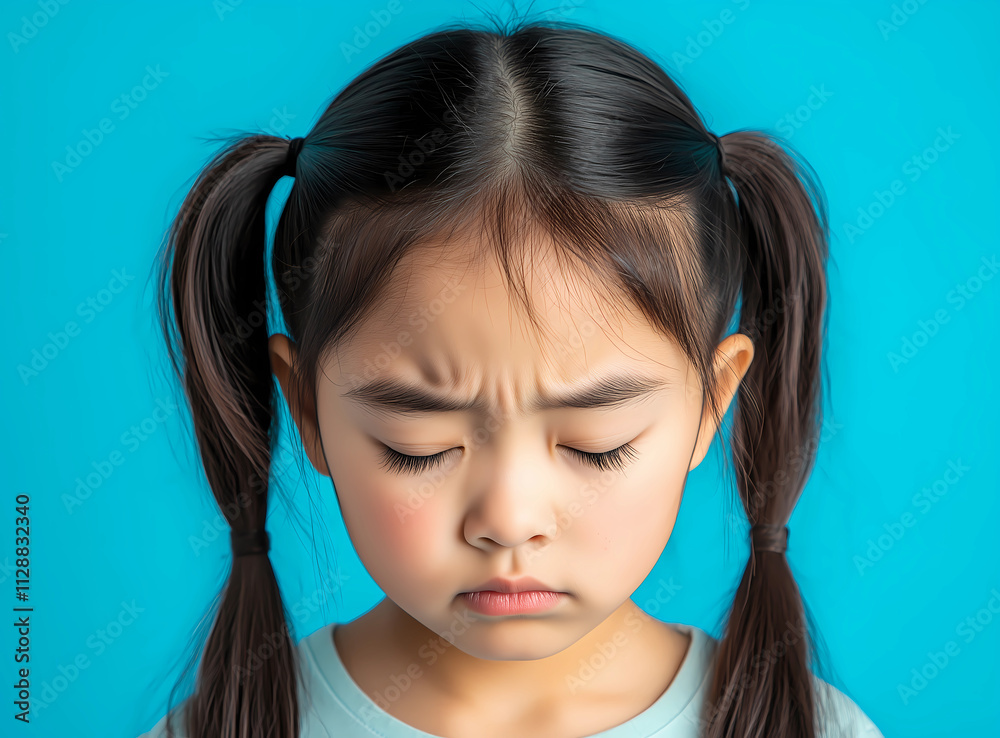 Studio photo of a young Asian little girl with pigtails looks down sad ...