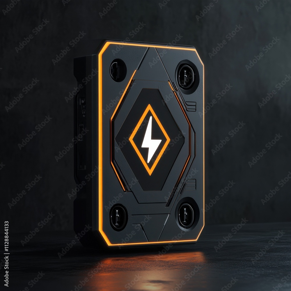 Futuristic black power bank with orange accents and a lightning bolt ...