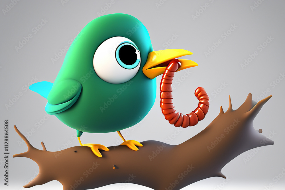 Cartoon bird with worm in its mouth. Gray bird with cartoon background ...