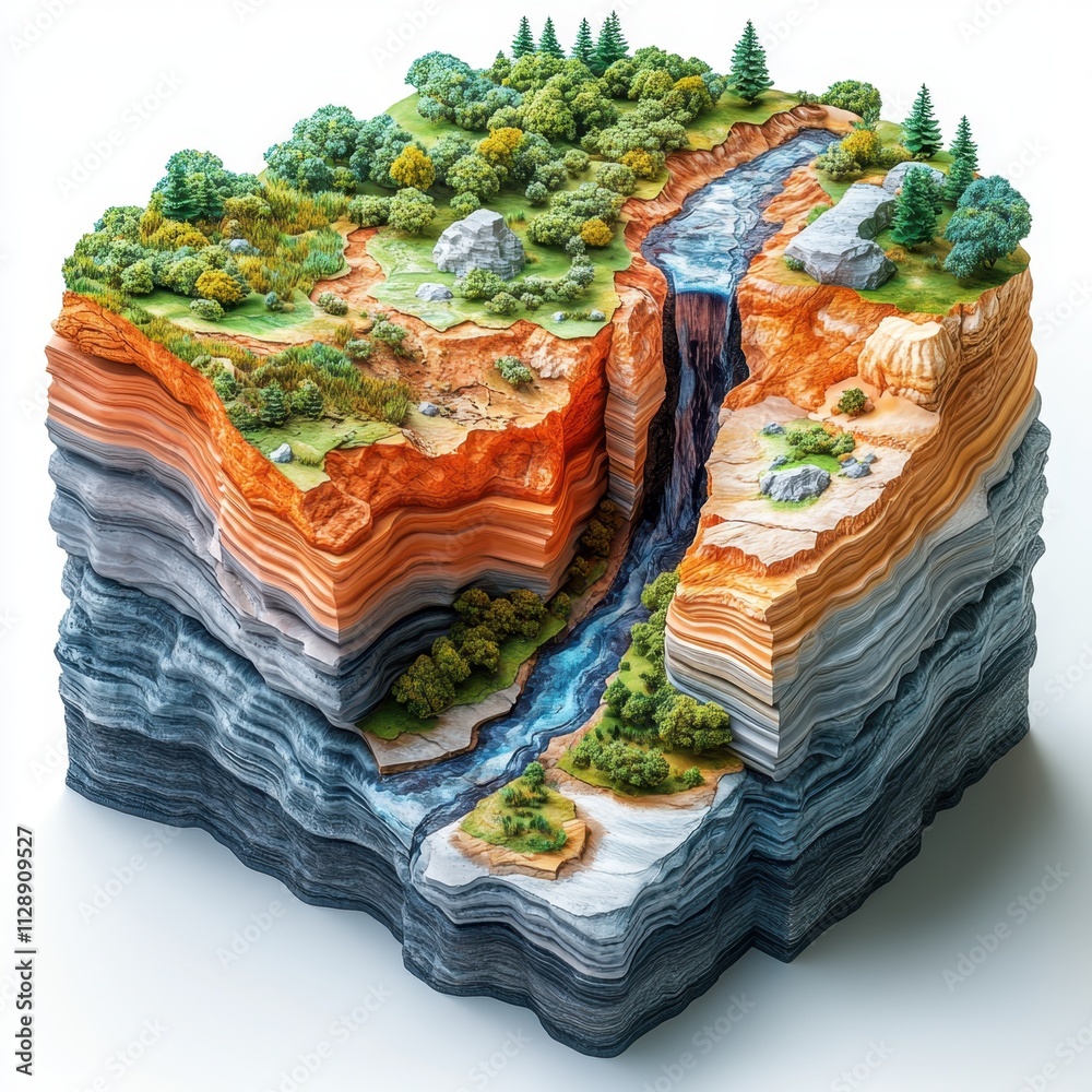 A 3D isometric cross-section the Earth's crust with a tectonic fault ...