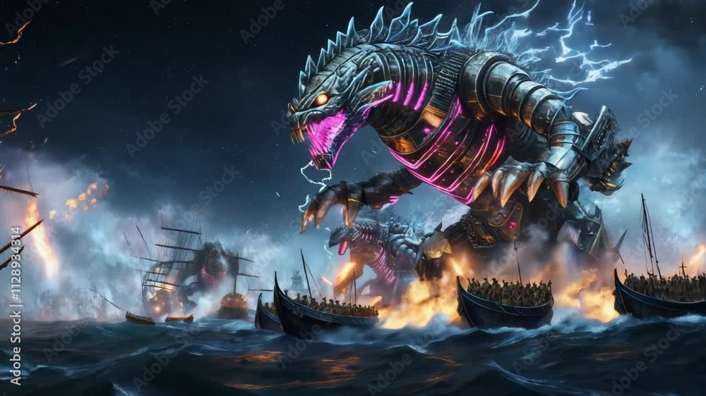 Giant, armored monster rises from the ocean depths, confronting a fleet of galleon ships ...
