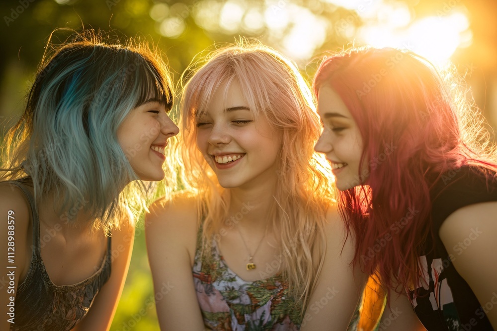 Portrait of three girls with different hair colors sitting in a circle ...