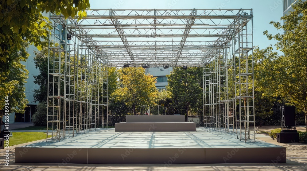 A minimalist temporary stage setup with lightweight scaffolding and a ...