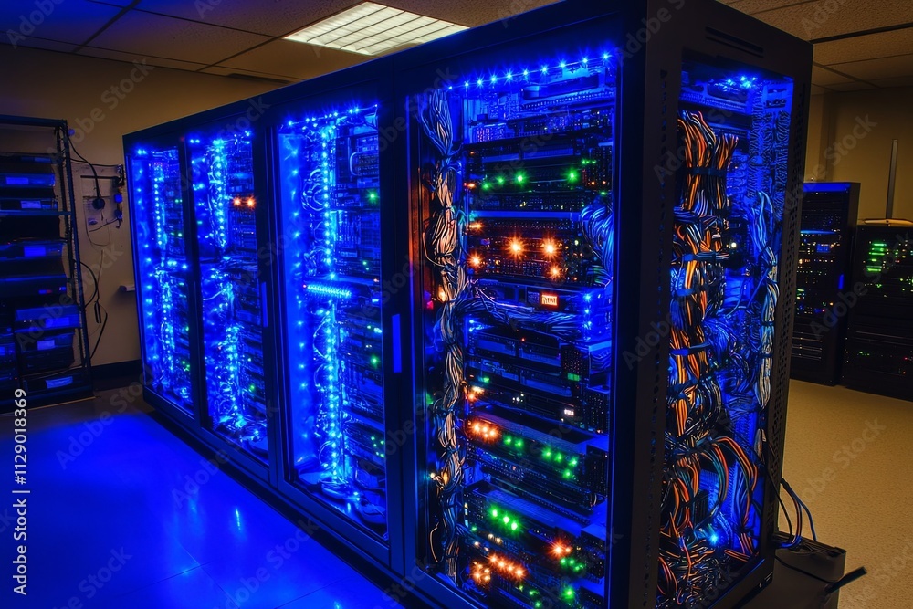 Computer technology data center server room background with lots of ...