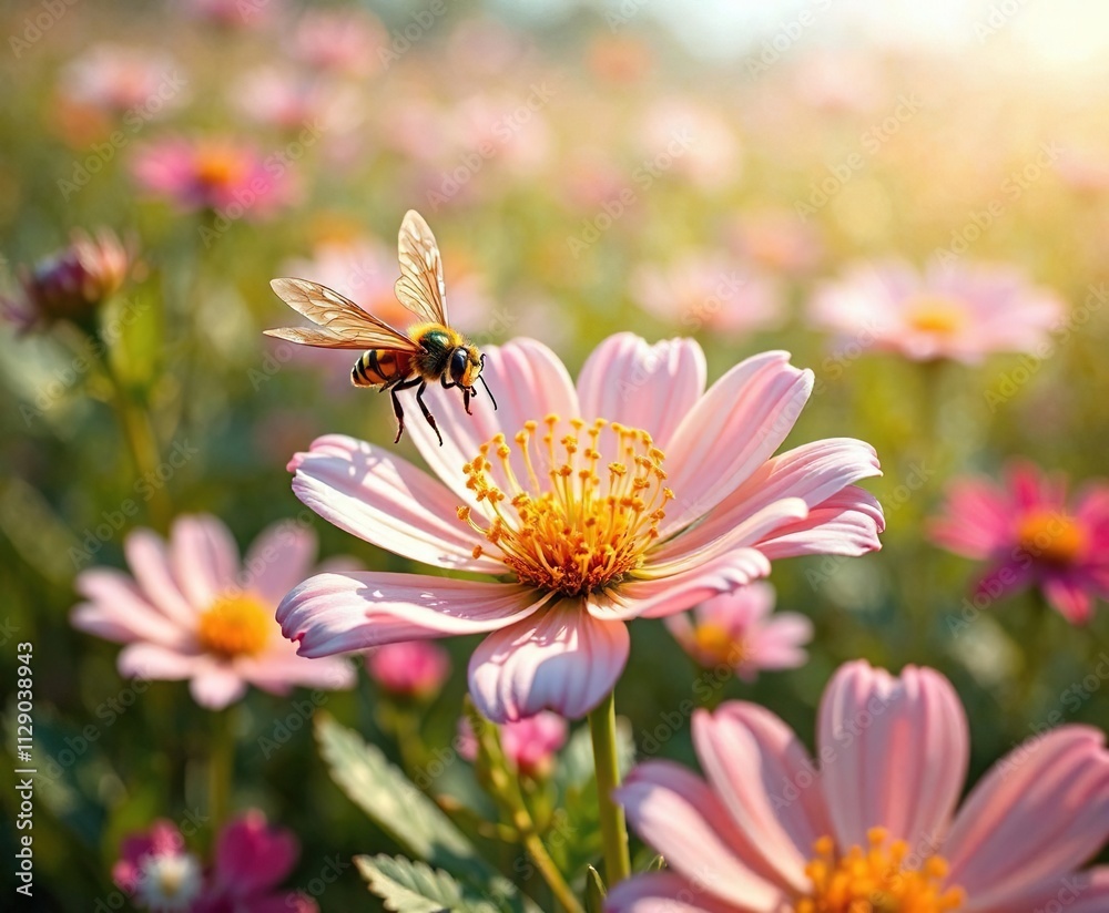 Una abeja volando sobre una flor de margarita en un campo de flores ...