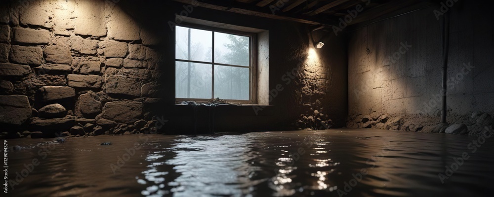 Flooded cellar with water seeping in through window and pipe, seep ...