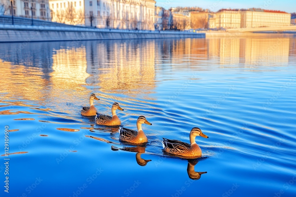A dynamic photo of ripples spreading from a group of ducks paddling in ...