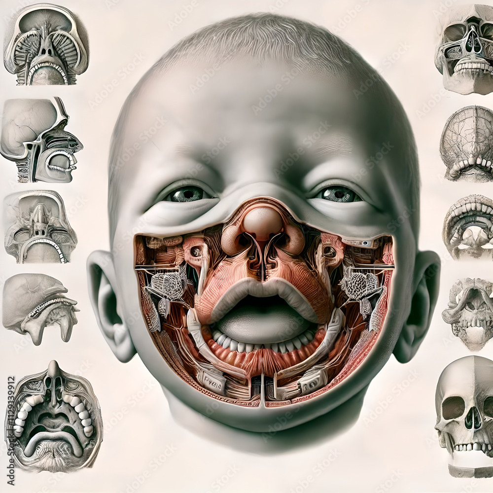 A detailed anatomical diagram of a newborn with a cleft lip and palate ...