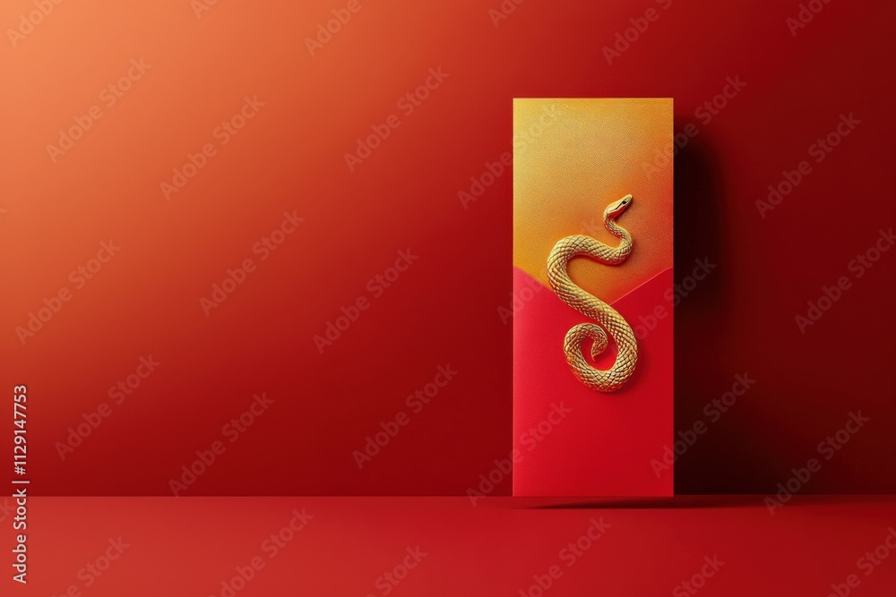 Red envelope with a golden snake motif embossed, placed upright against ...