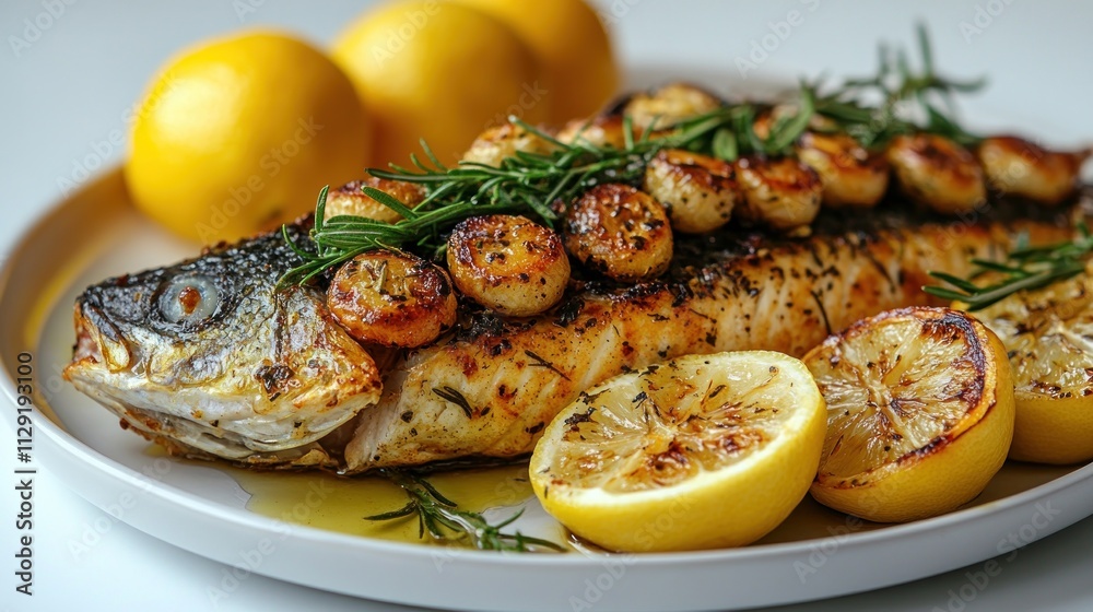 A whole roasted sea bass stuffed with lemon and fresh herbs, presented ...
