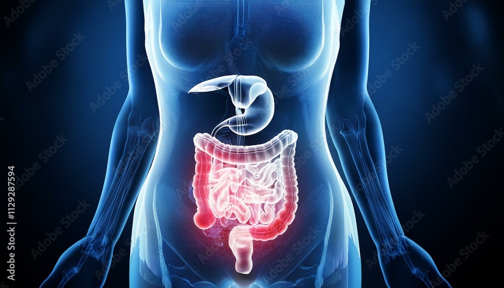 A medical illustration of the human digestion system; a 3D medical ...