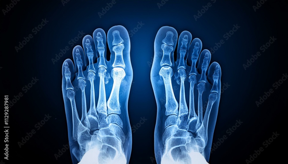 An x-ray scan of the human foot; a medical illustration or x-ray scan ...