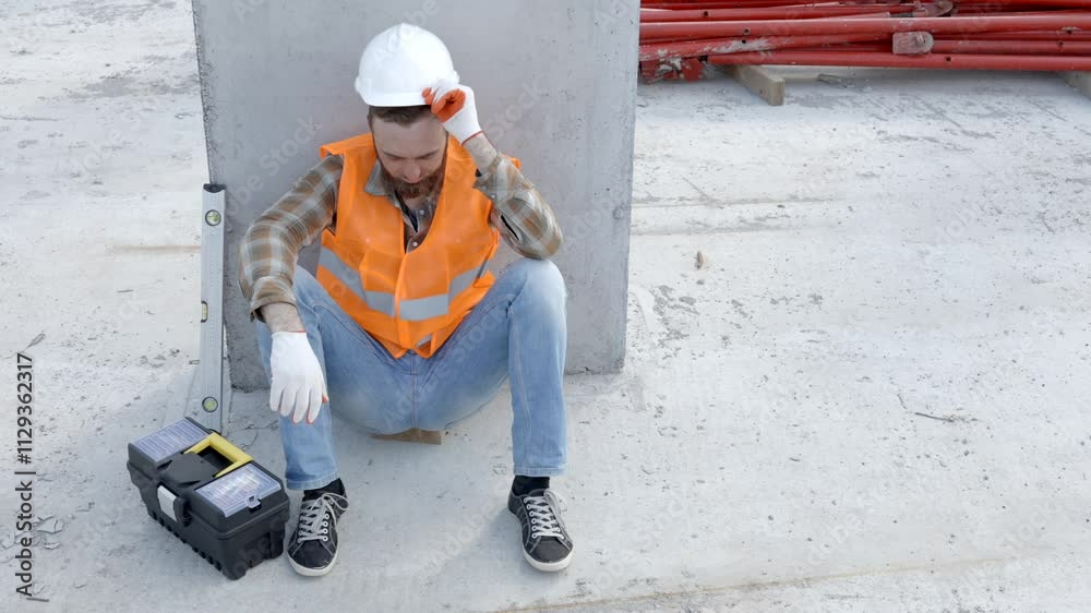 Builder repairman, foreman in safety helmet and vest sitting down to ...