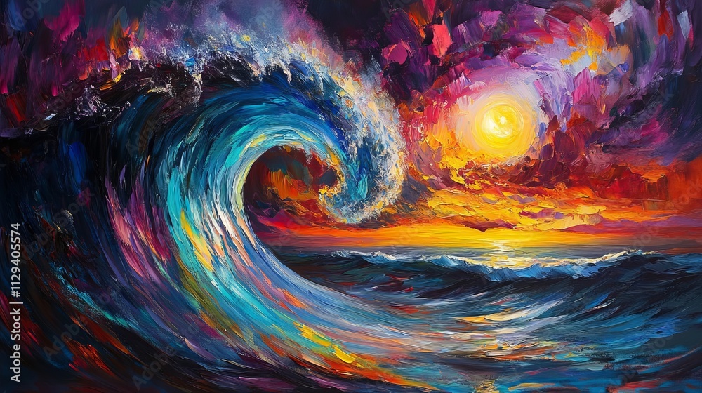 The Great Wave off Kanagawa depicted in a classical oil painting. Stock ...