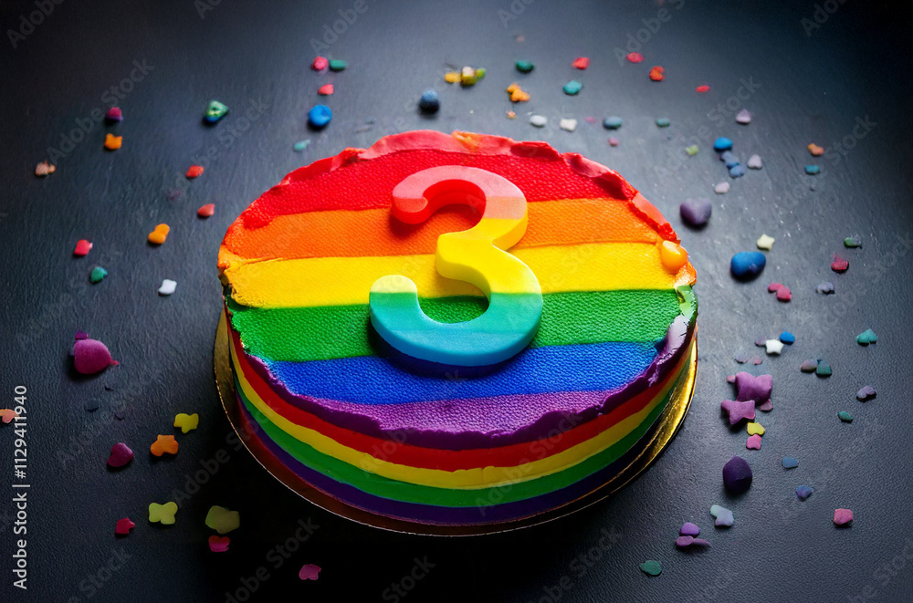 LGBT third anniversary cake decorated with a 3 shaped candle and the ...