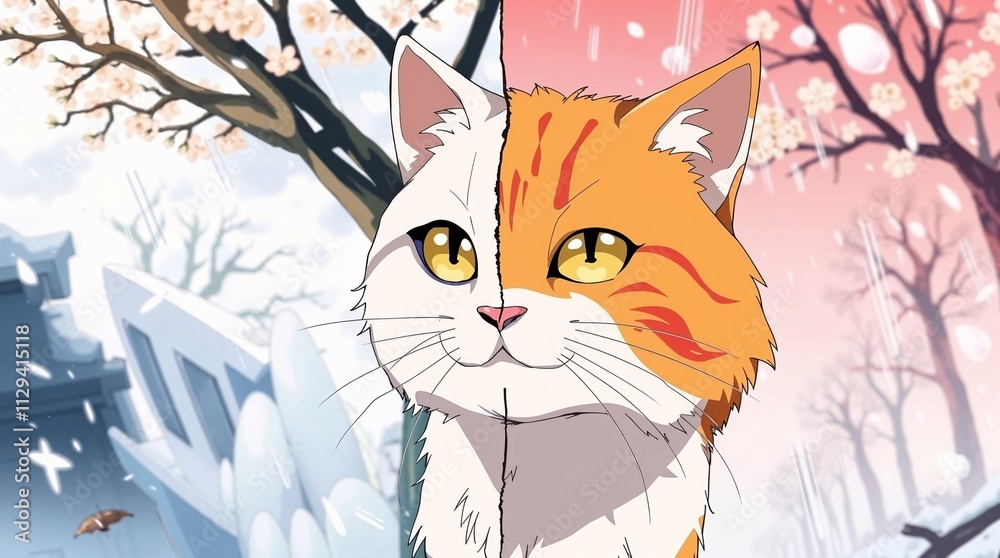 Isekai anime style depicting a split scene of a cat in March weather ...