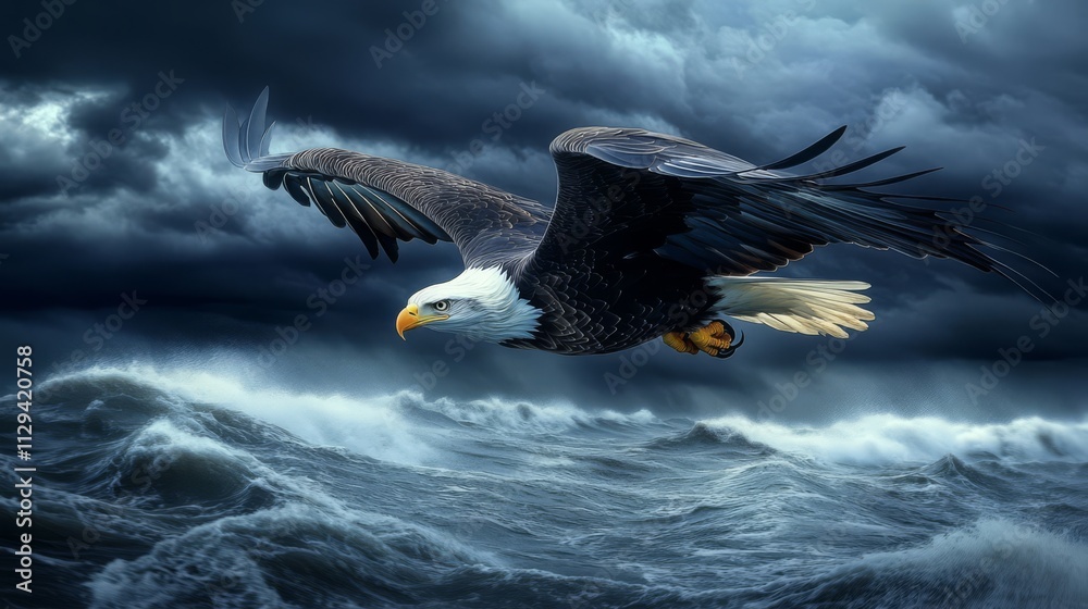 Majestic bald eagle soaring above turbulent ocean waves under a ...