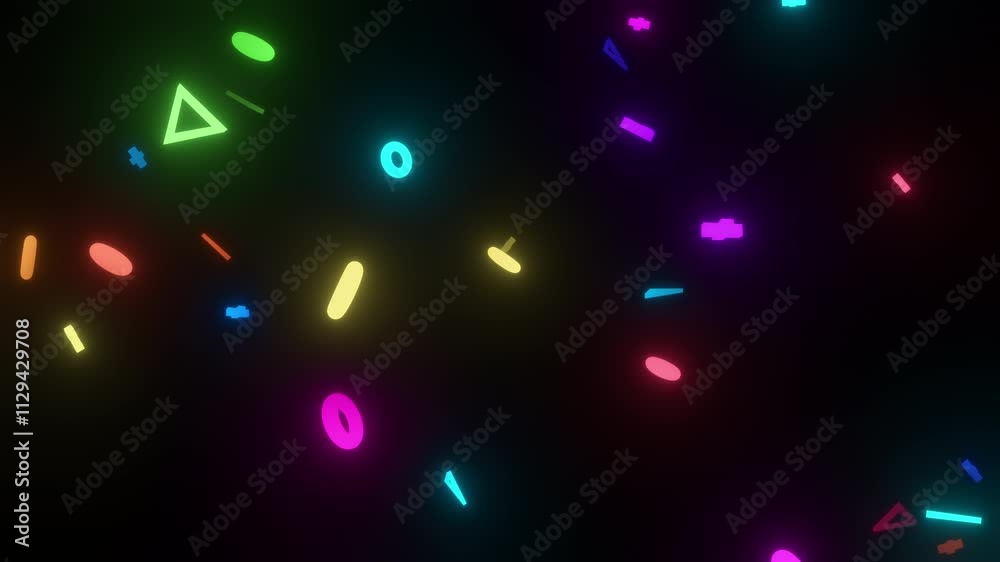 Colorful 3d shapes elements triangles toruses crosses spinning on black ...