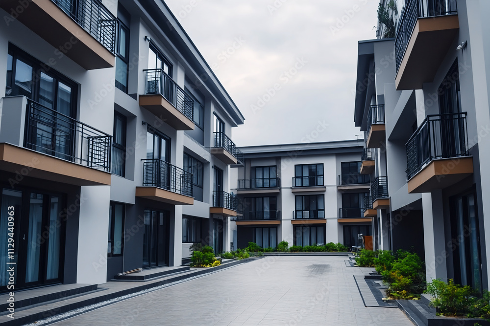 Urban affordable housing, compact multi-story building with a modern ...