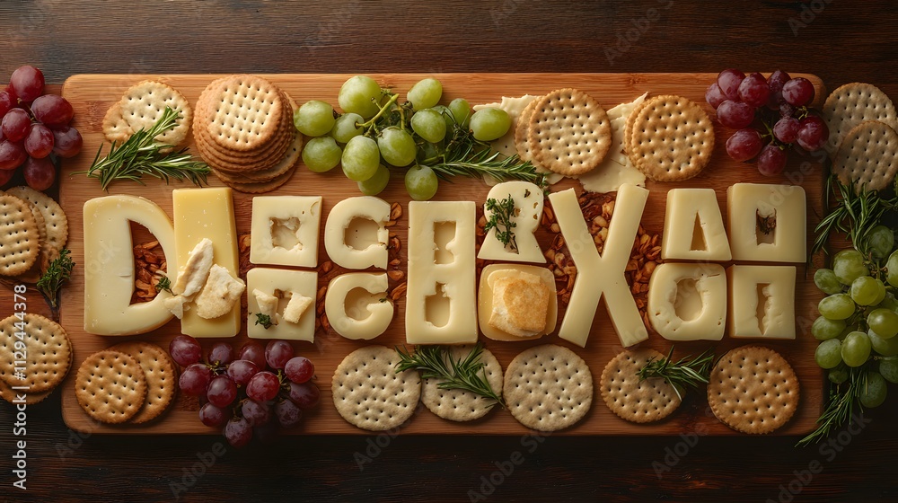 Letters made of cheese slices cut into alphabet shapes on a charcuterie ...