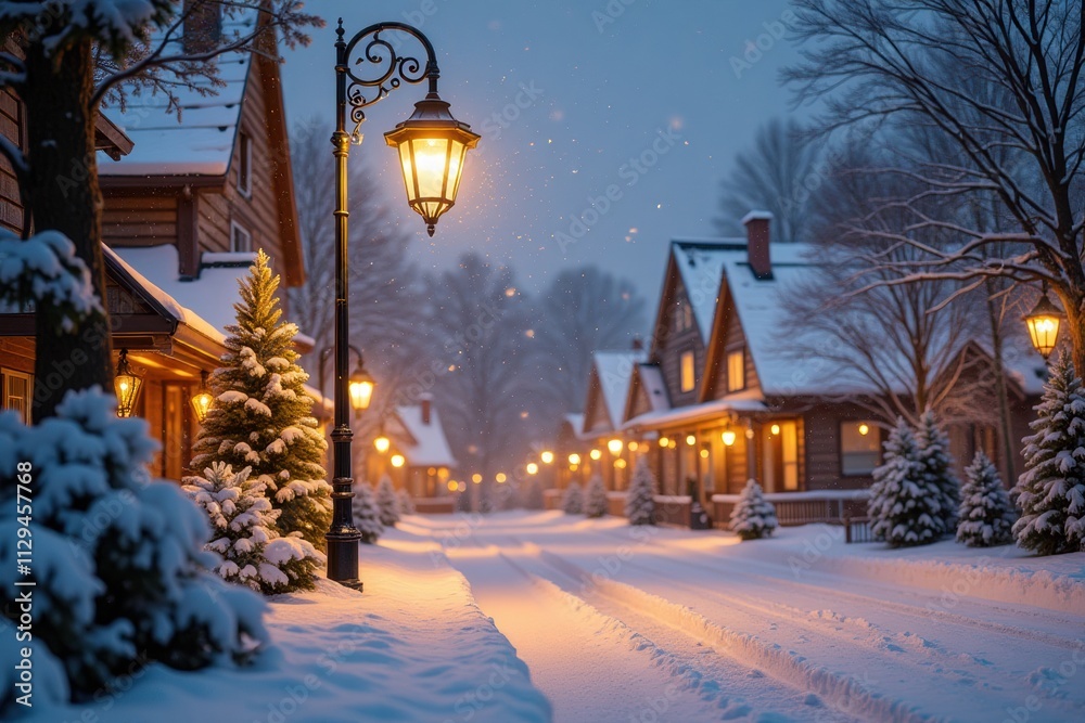 Snowy winter village at dawn with vintage street lamps and cozy houses ...