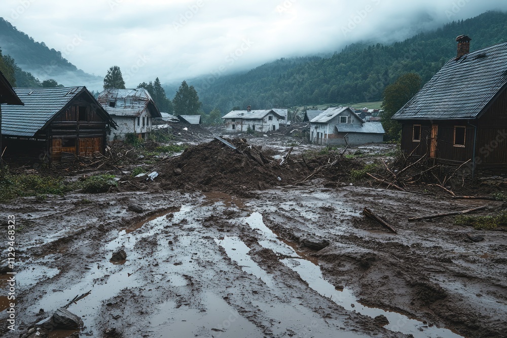 Photo & Art Print A rural village partially buried by a landslide ...