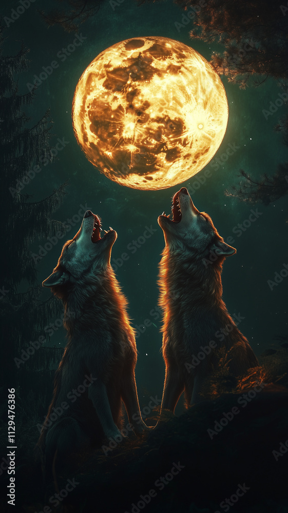 Two wolves howling at the moon from a tall rock promontory backlit by ...