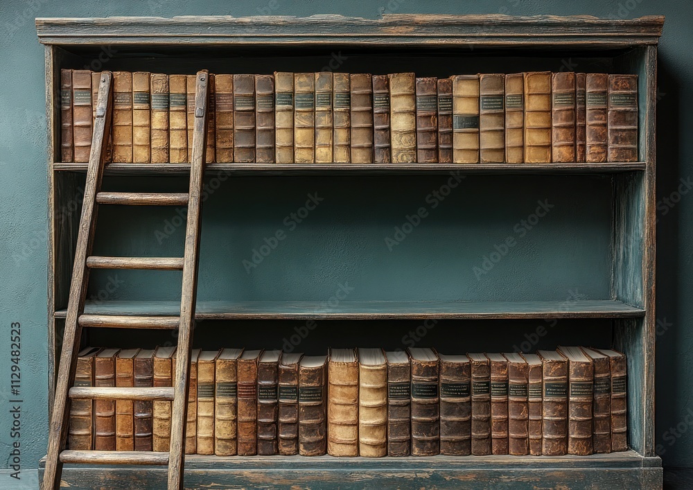 Antique ladder rests beside a wall of leather-bound books in a cozy ...