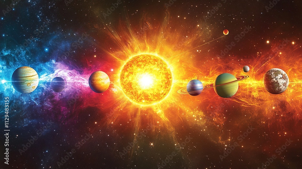 Vivid depiction of our solar system, planets orbiting a radiant sun in ...