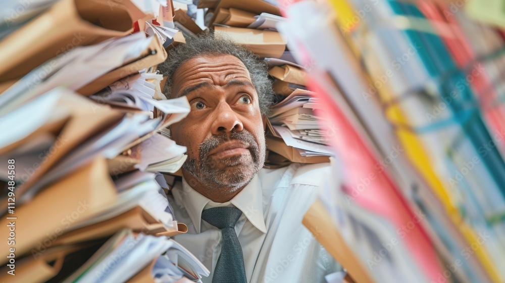 Stressed businessman buried under a massive pile Of paperwork ...