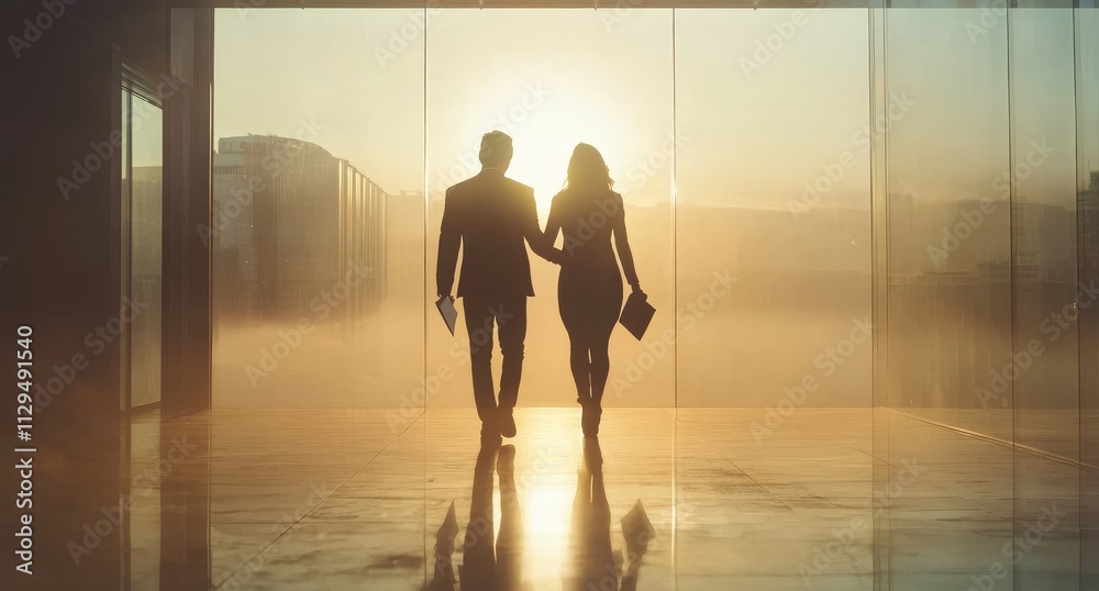 From the side view, two people are walking in an office building ...